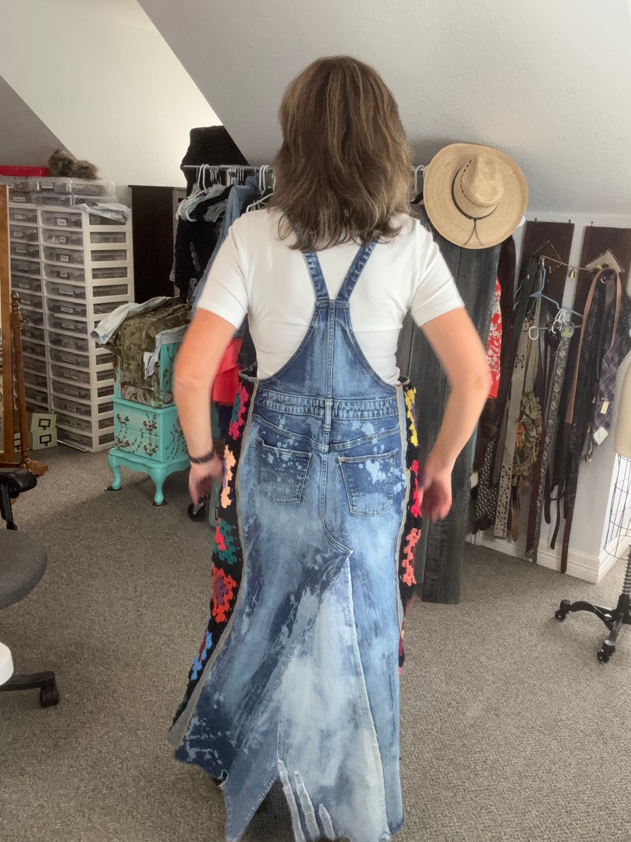 Up-Cycled Denim Over-Alls with Vintage Granny Square Art Size Large/X ...